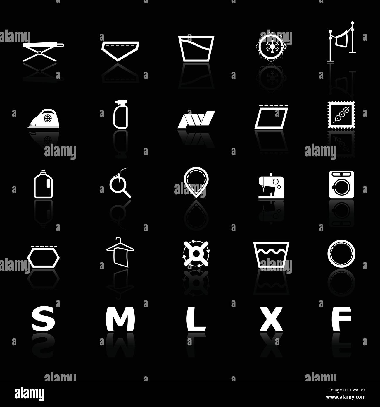 Cloth care sign and symbol icons with reflect on black background ...