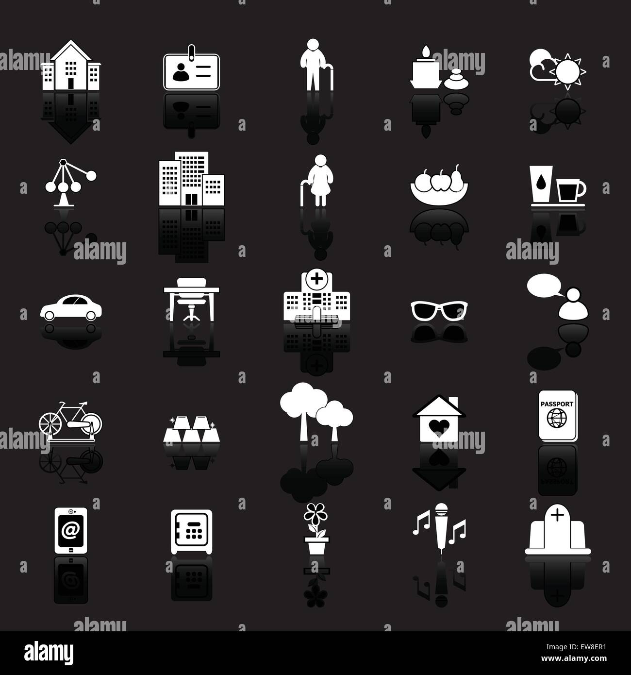Retirement community icons with reflect on black background, stock ...
