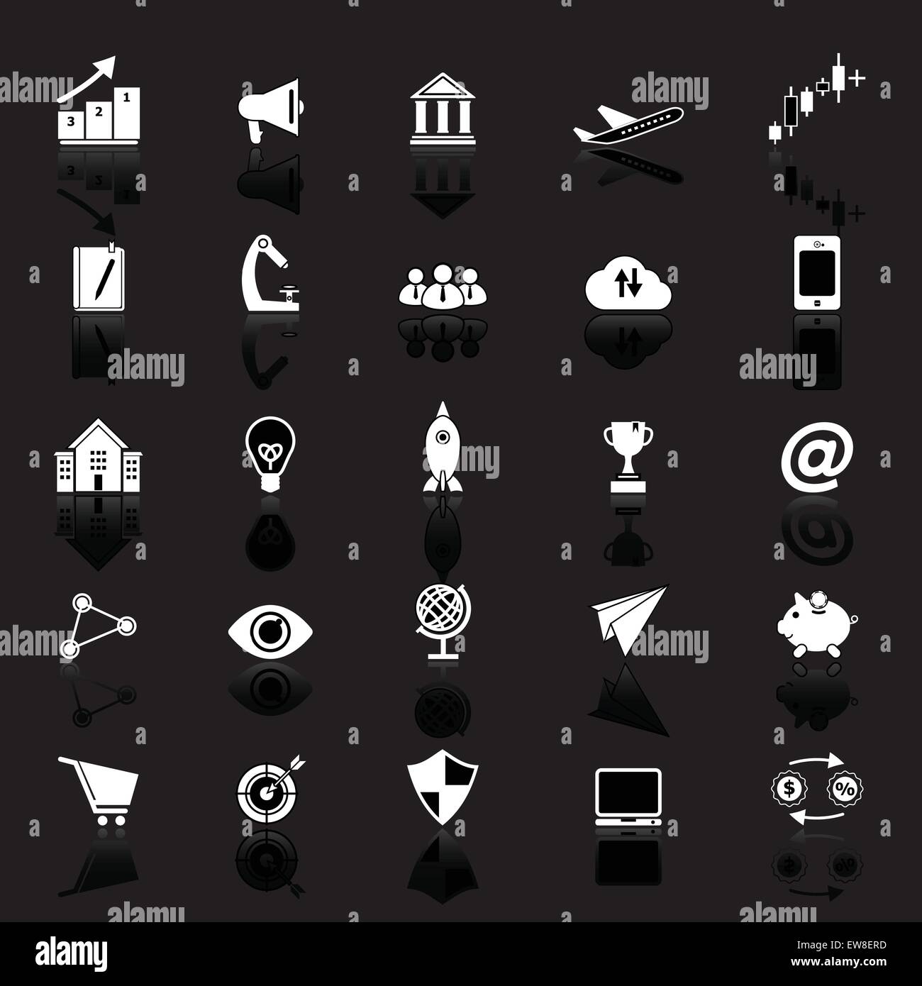 Startup business icons with reflect on black background, stock vector ...