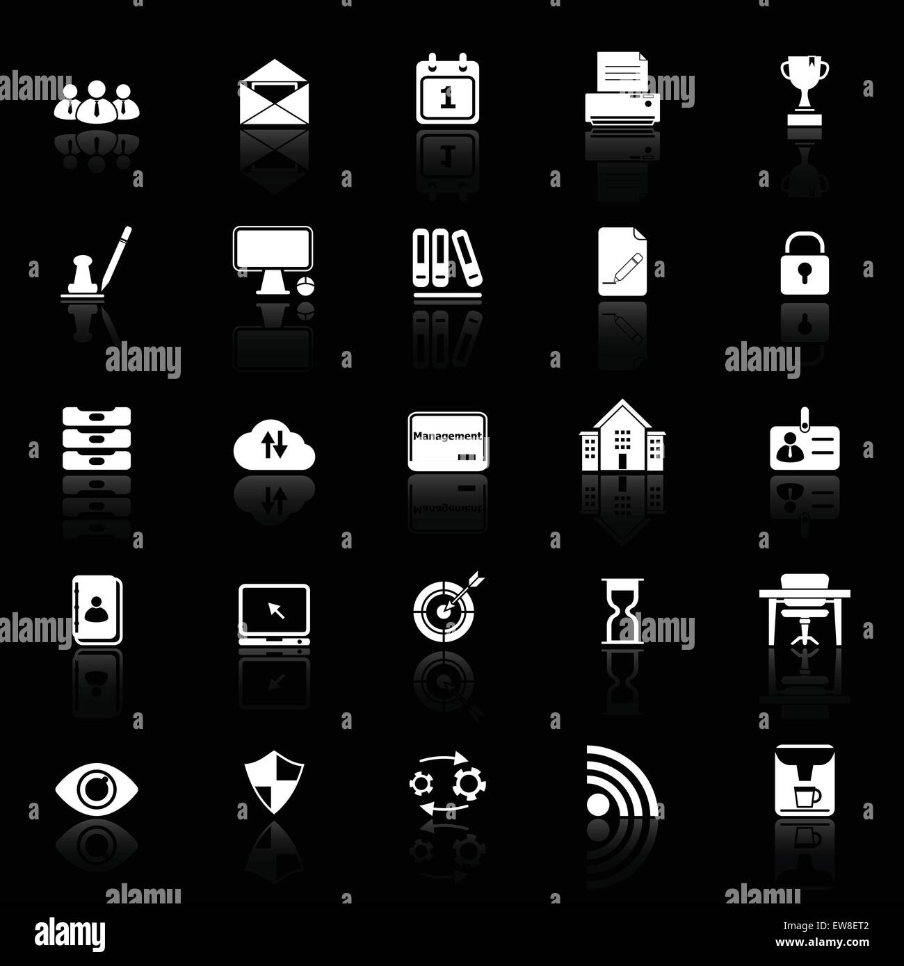 Business management icons with reflect on black background, stock ...
