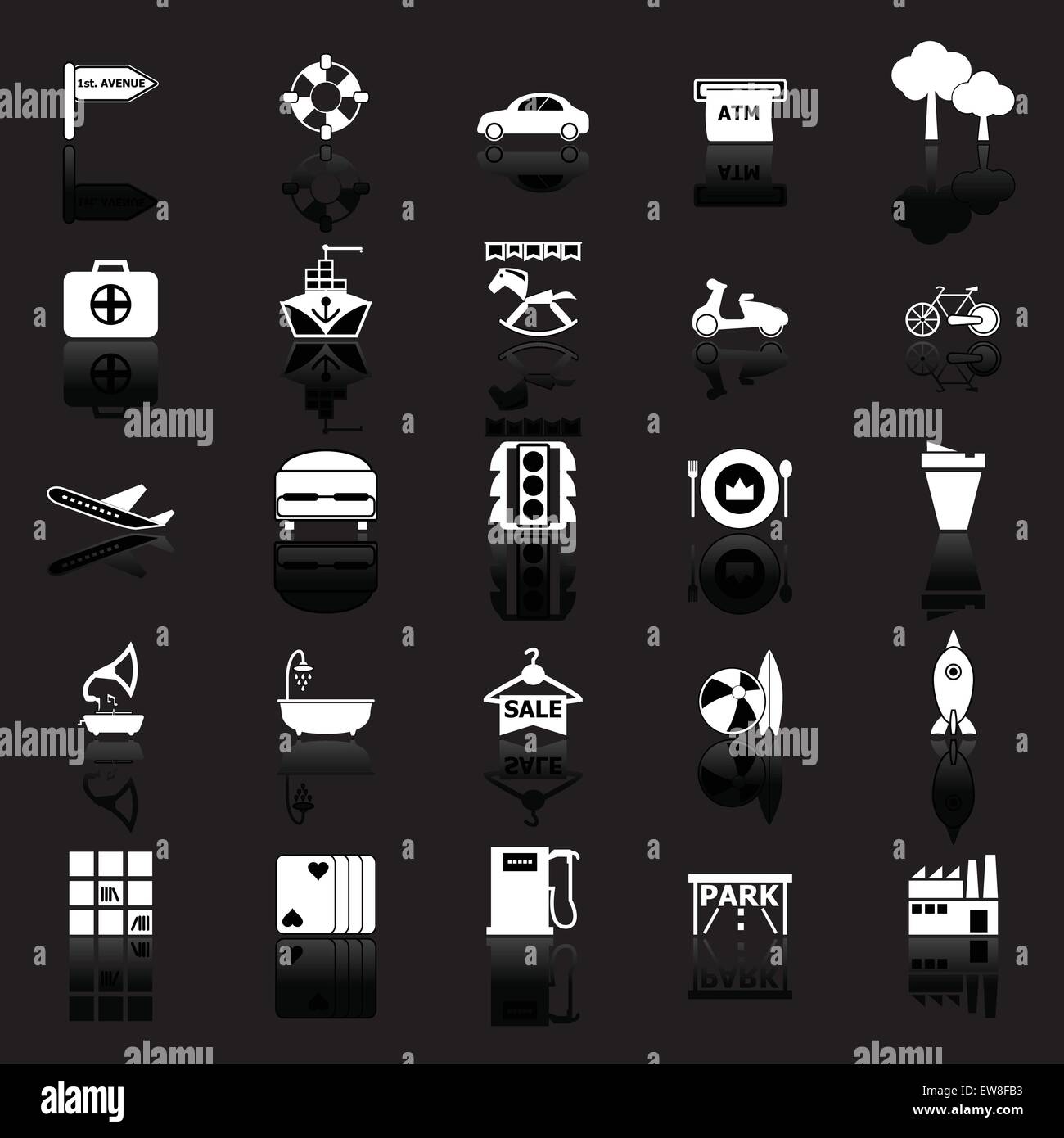 Map place icons with reflect on black background, stock vector Stock ...