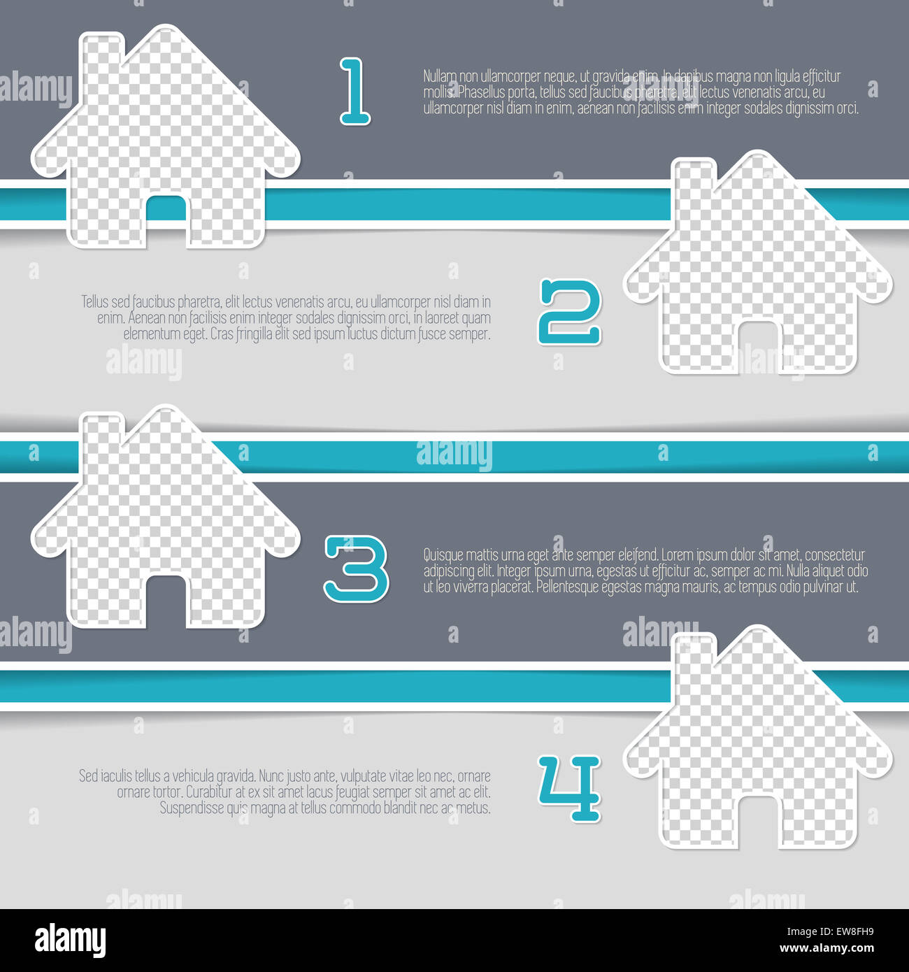 Infographic design with house shaped photo containers and numbered ...