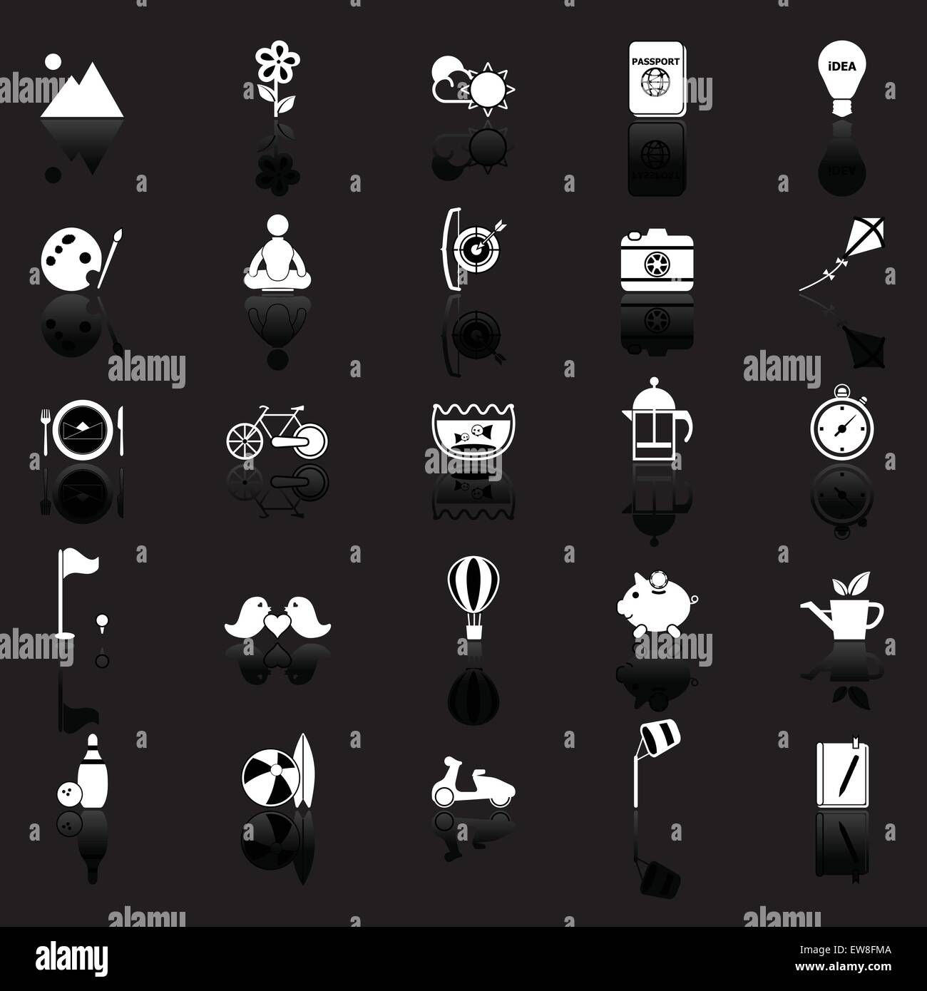 Slow life activity icons with reflect on black background, stock vector ...
