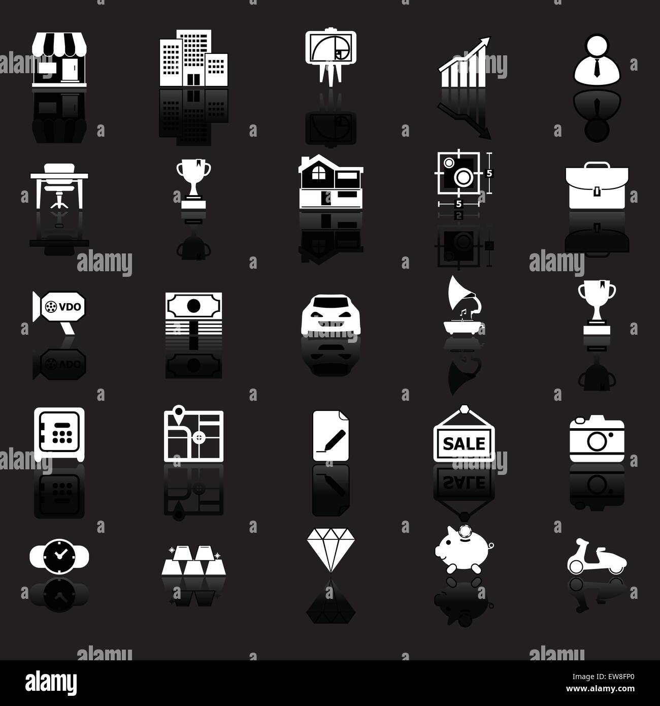 Asset and property icons with reflect on black background, stock vector ...