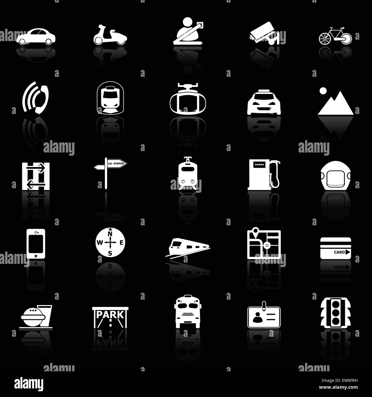 Land transport related with reflect icons on black background, stock ...