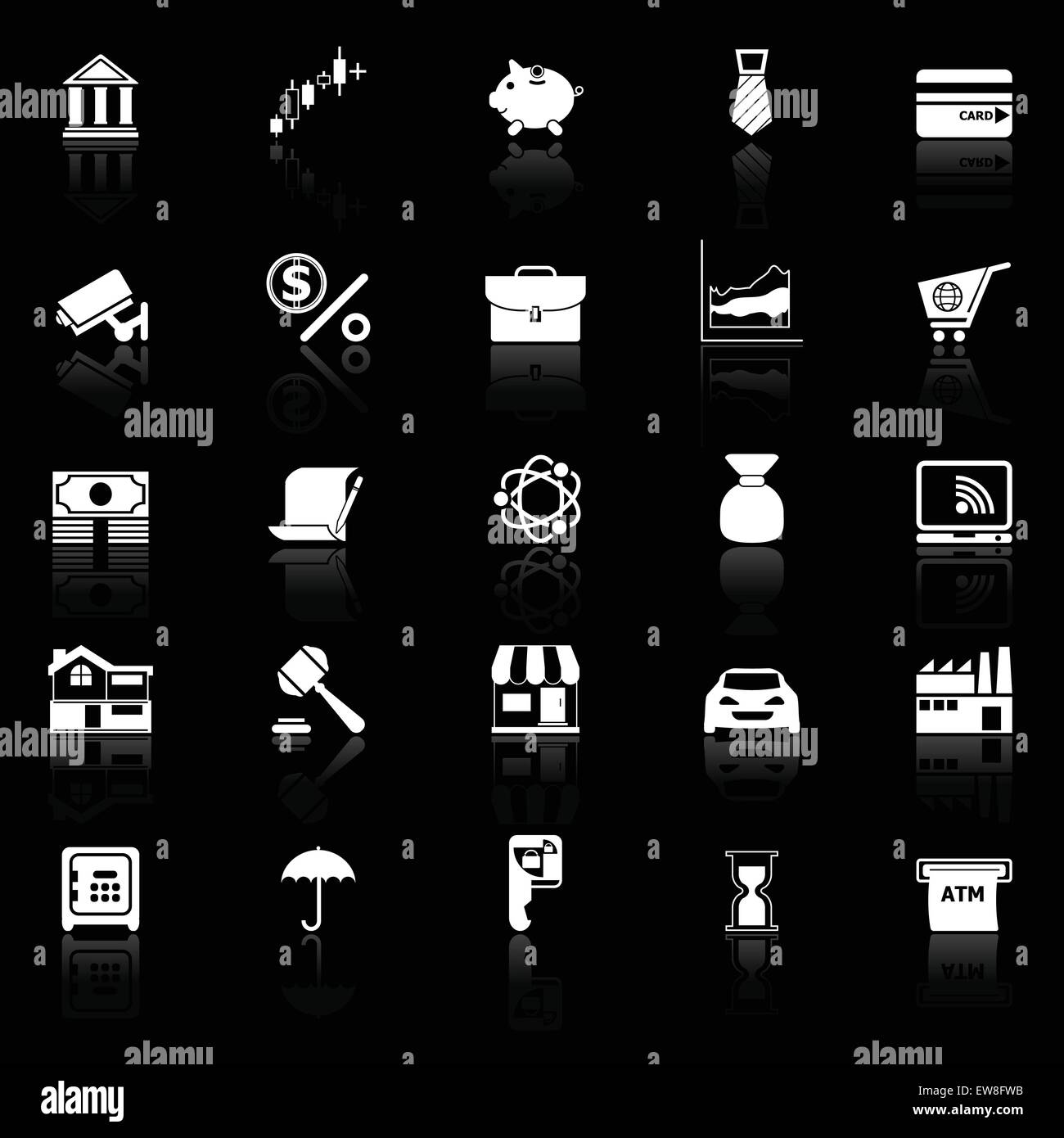 Banking and financial icons with reflect on black background, stock ...
