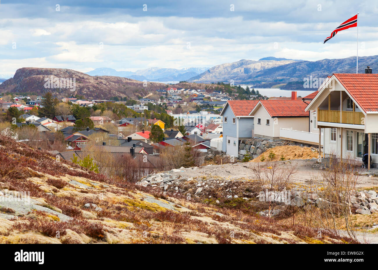 Rorvik. Fishing Norwegian town with colorful wooden houses on rocky ...
