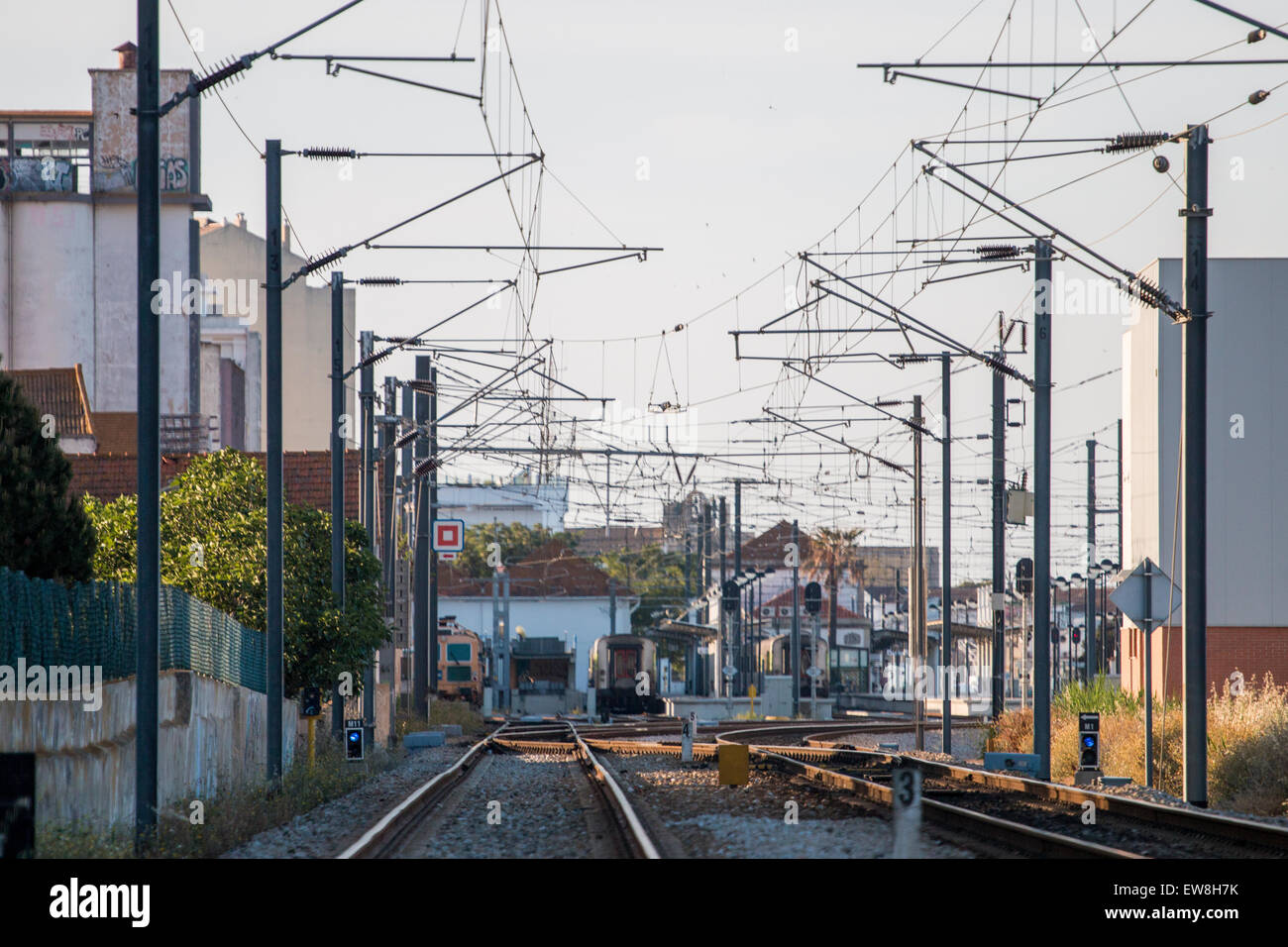 Urban view of train tracks on the city of Faro, Portugal Stock Photo ...