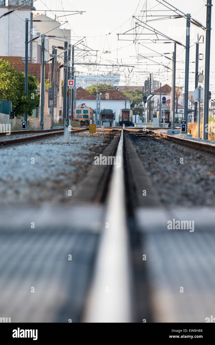 Urban view of train tracks on the city of Faro, Portugal Stock Photo ...