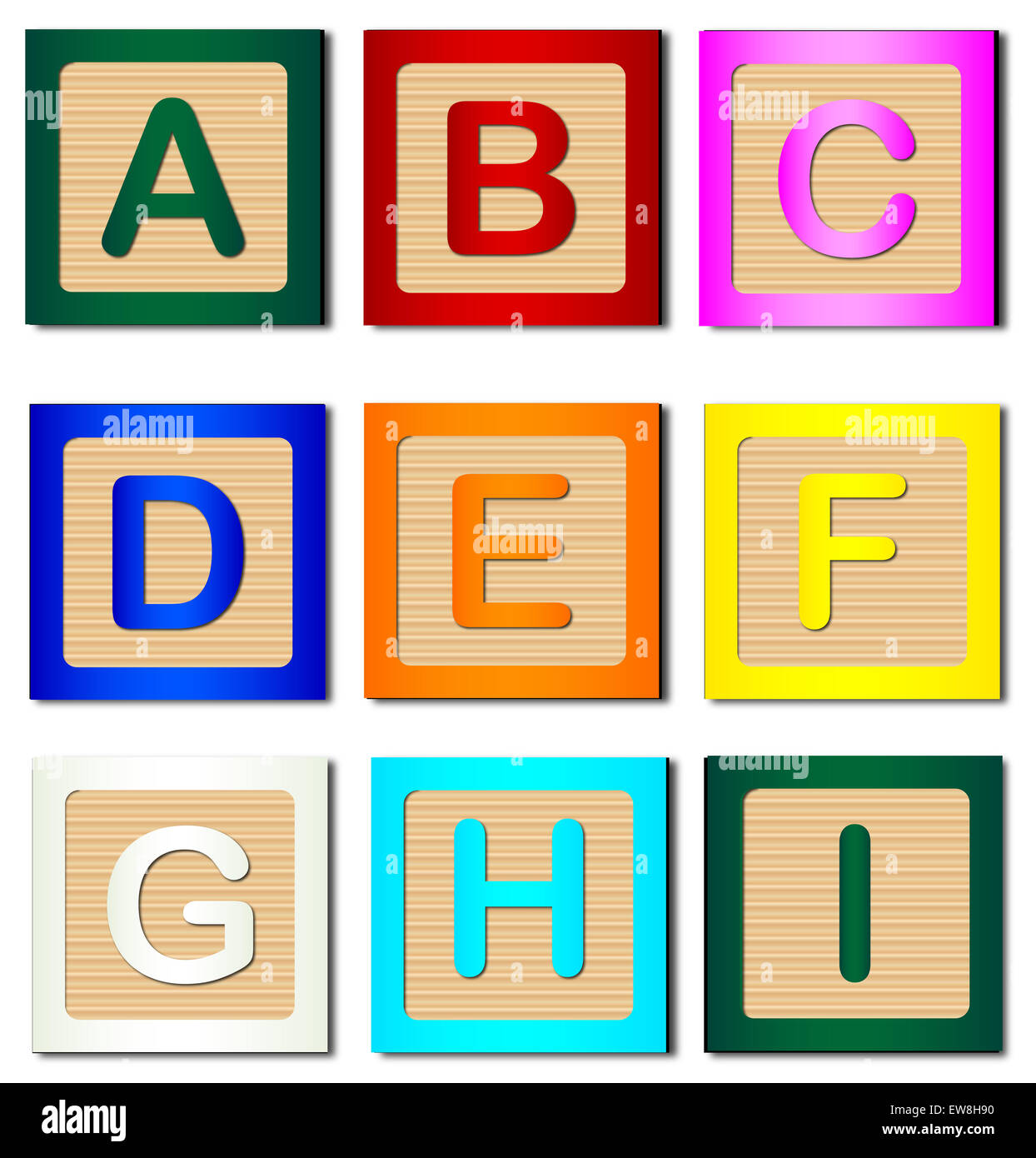 A collection of wooden block letters A to I over a white background ...