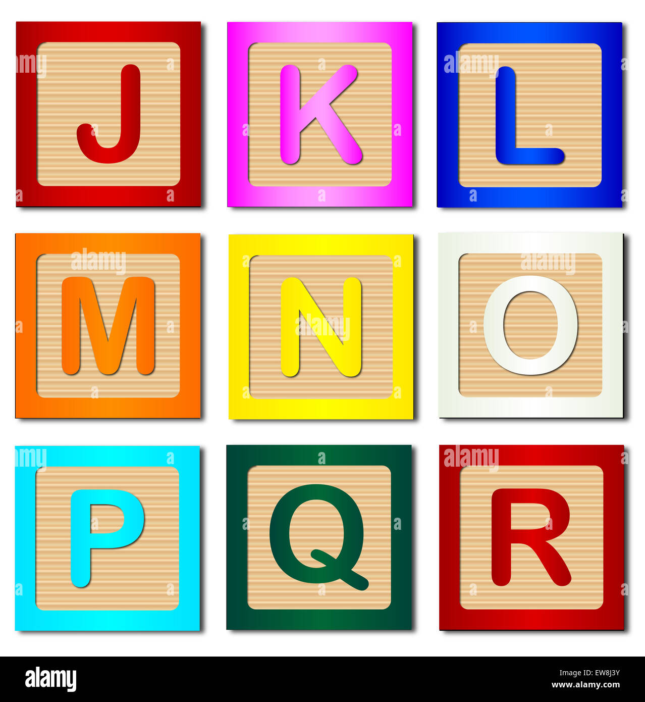 A collection of wooden block letters J to R over a white background ...