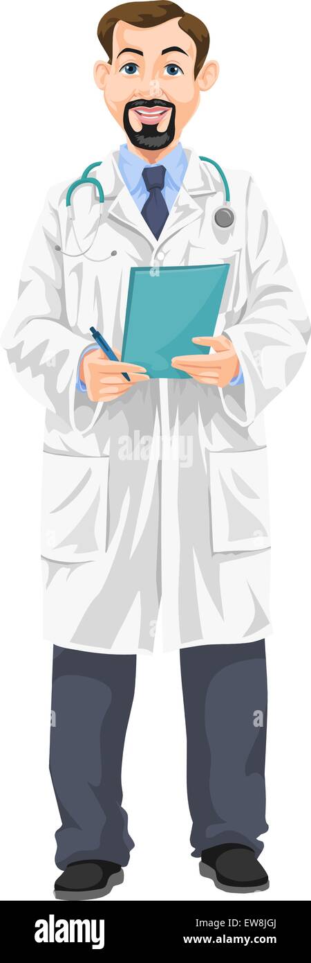 Male Doctor, with Stethoscope and Medical Chart and Pen, vector ...