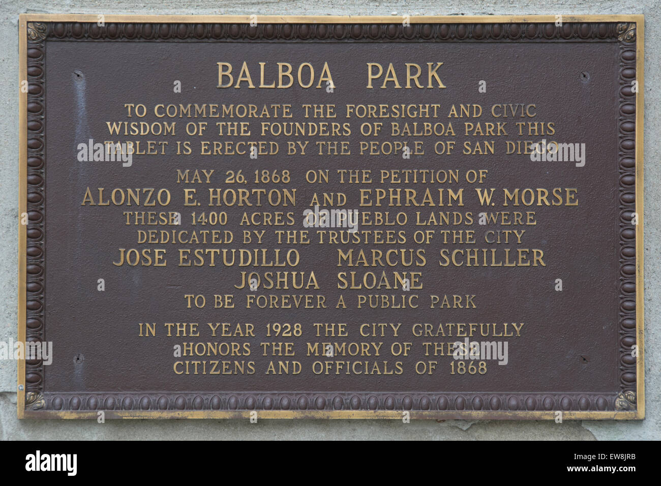 A plaque marking the opening of Balboa Park, San Diego, California ...