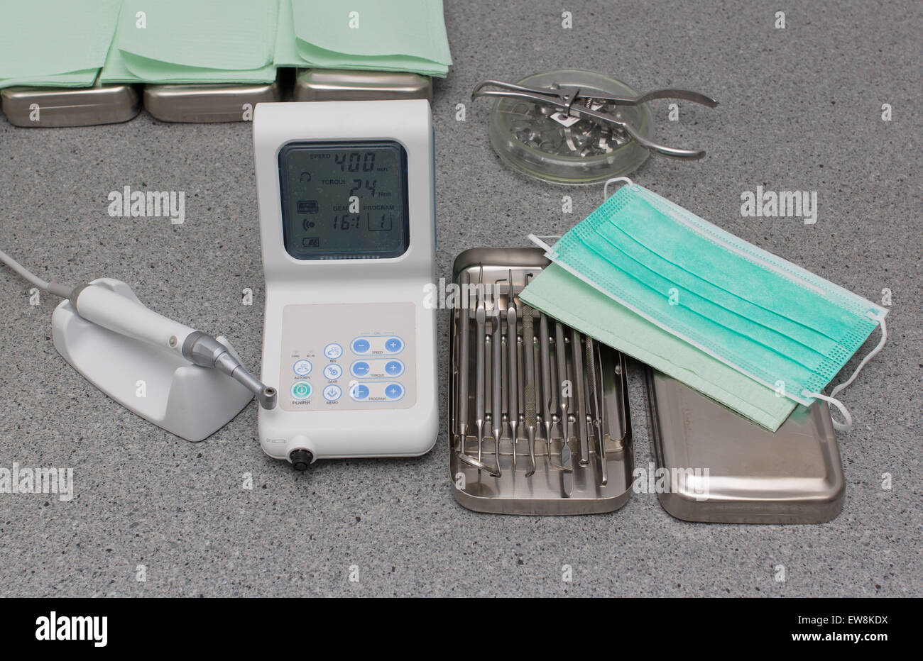Doctor dentist table with different equipment for dental treatment ...