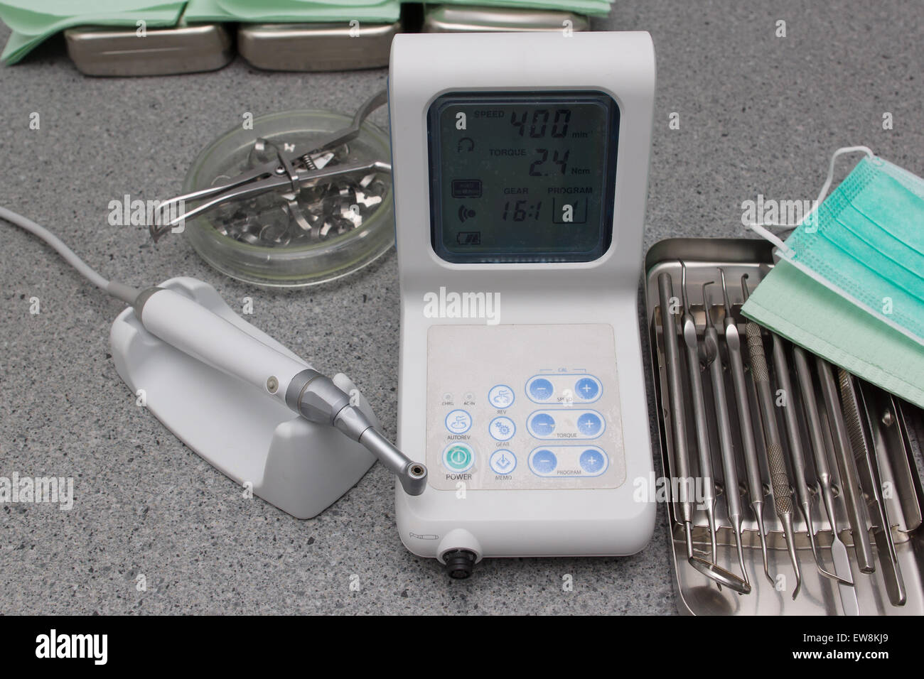 Doctor dentist table with different equipment for dental treatment ...