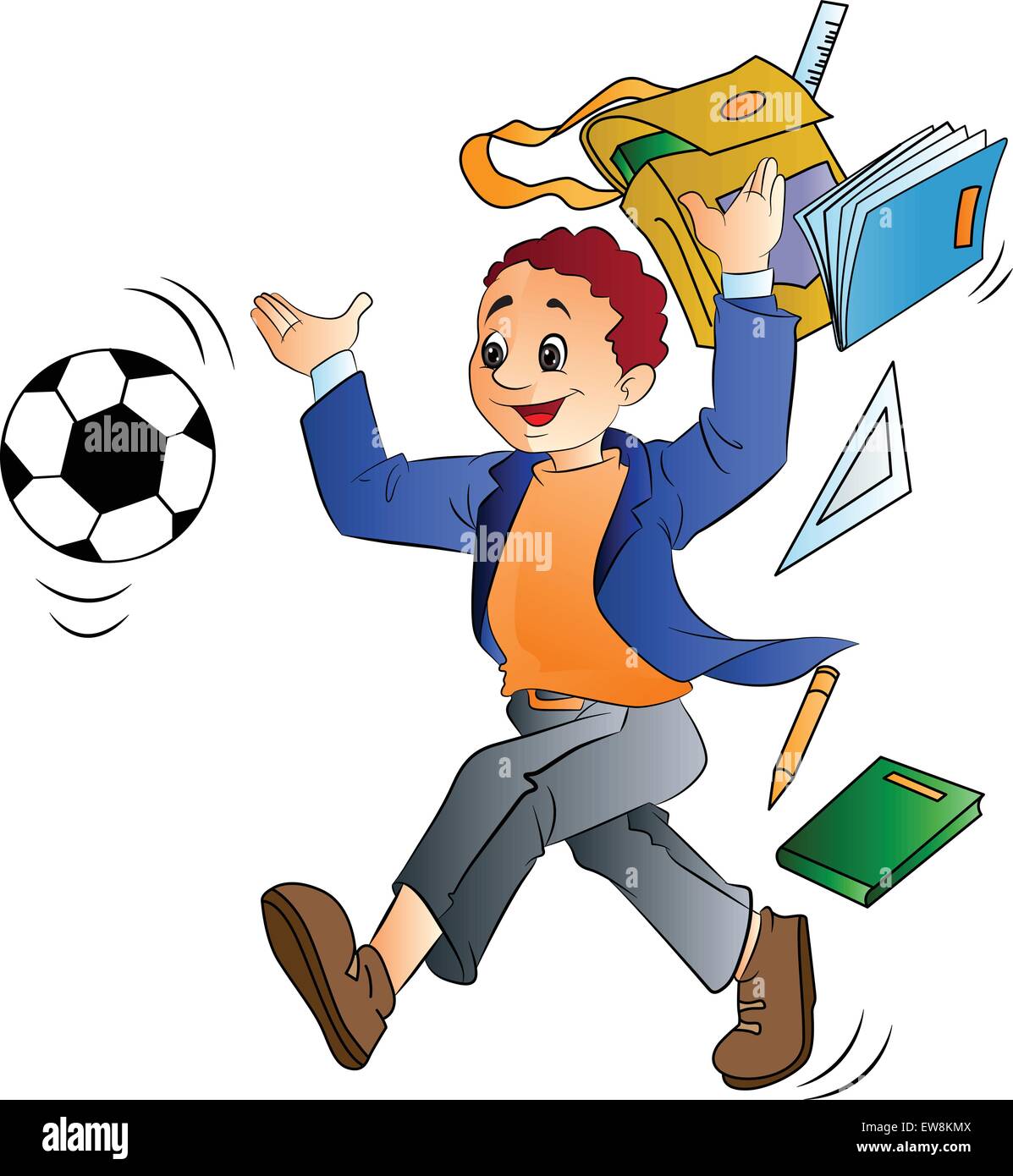 Young Man Throwing School Things to Play Soccer, vector illustration ...