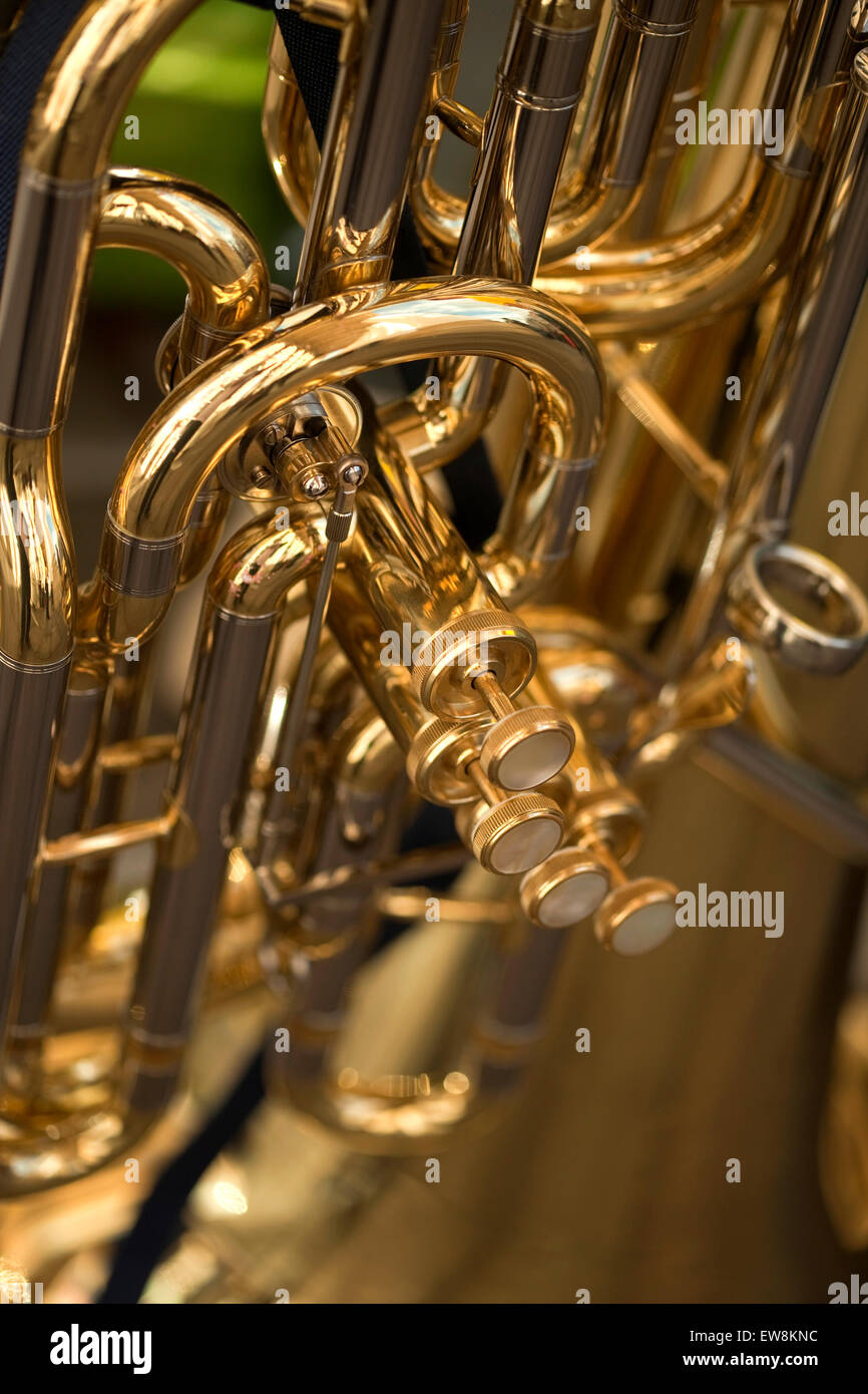 Close up of details and pistons of a tuba Stock Photo - Alamy