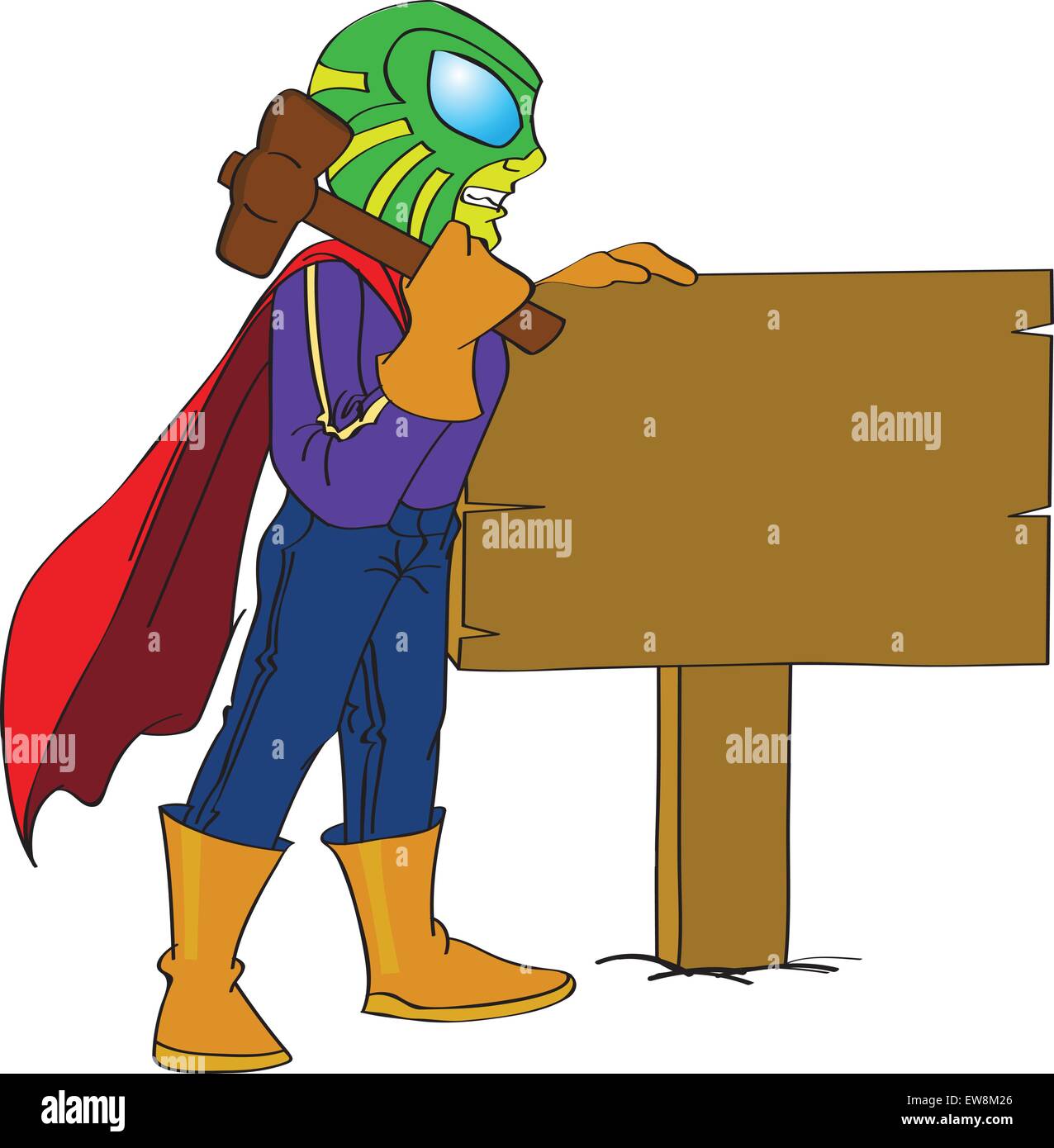Superhero Hammering a Sign Post to the Ground, vector illustration ...
