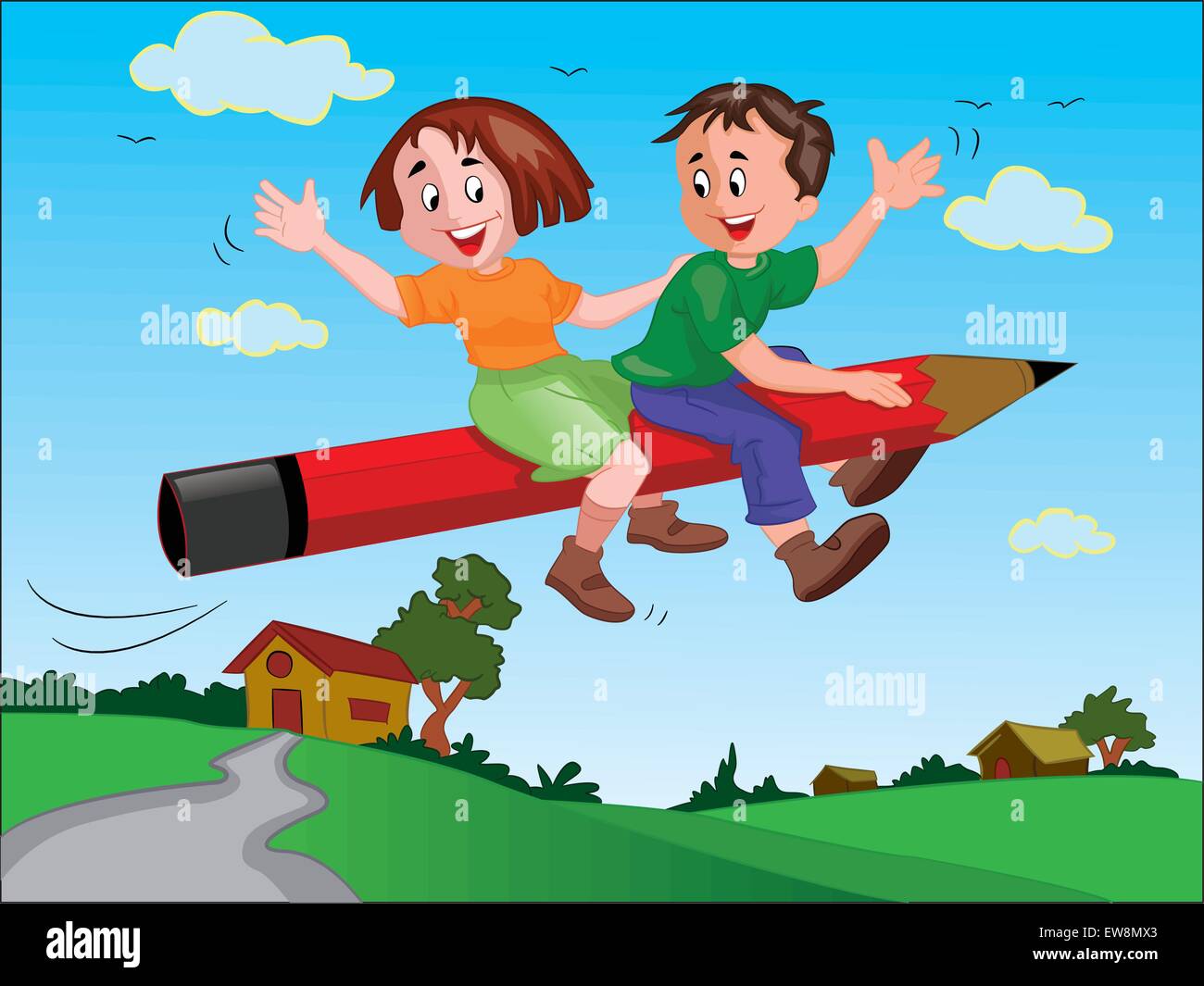 School Kids Riding a Giant Pencil, vector illustration Stock Vector ...