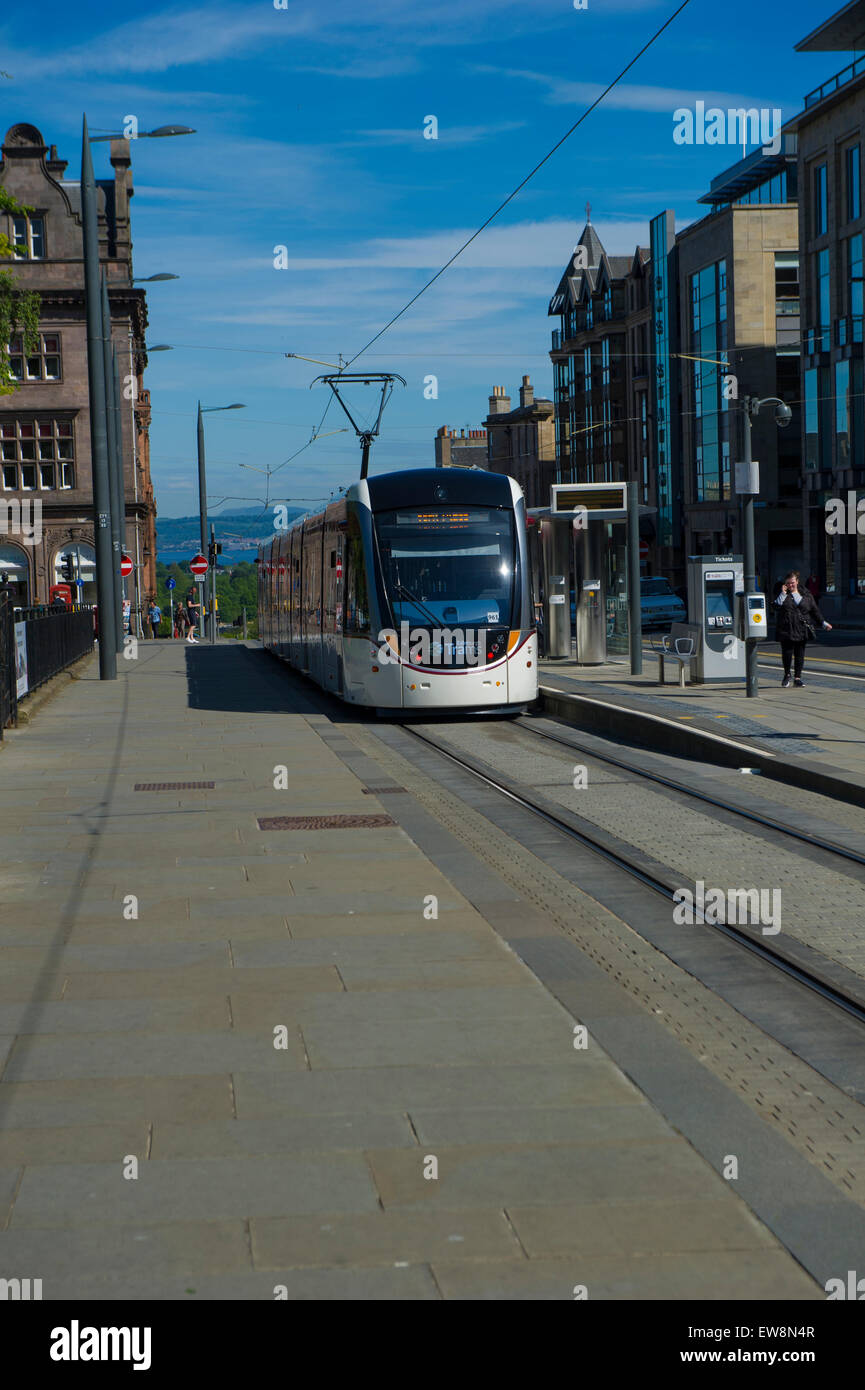 An Edinburgh tram in the sunshine by St Andrews's Square, Scotland ...