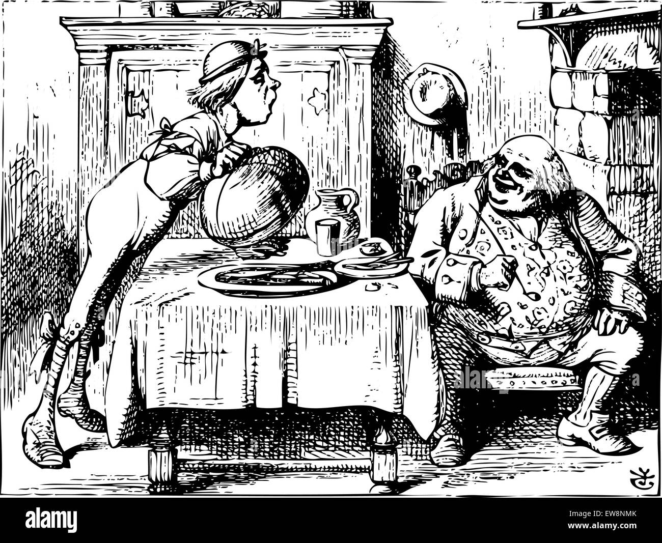 Alice in Wonderland old engraving. Father William eating in his house ...