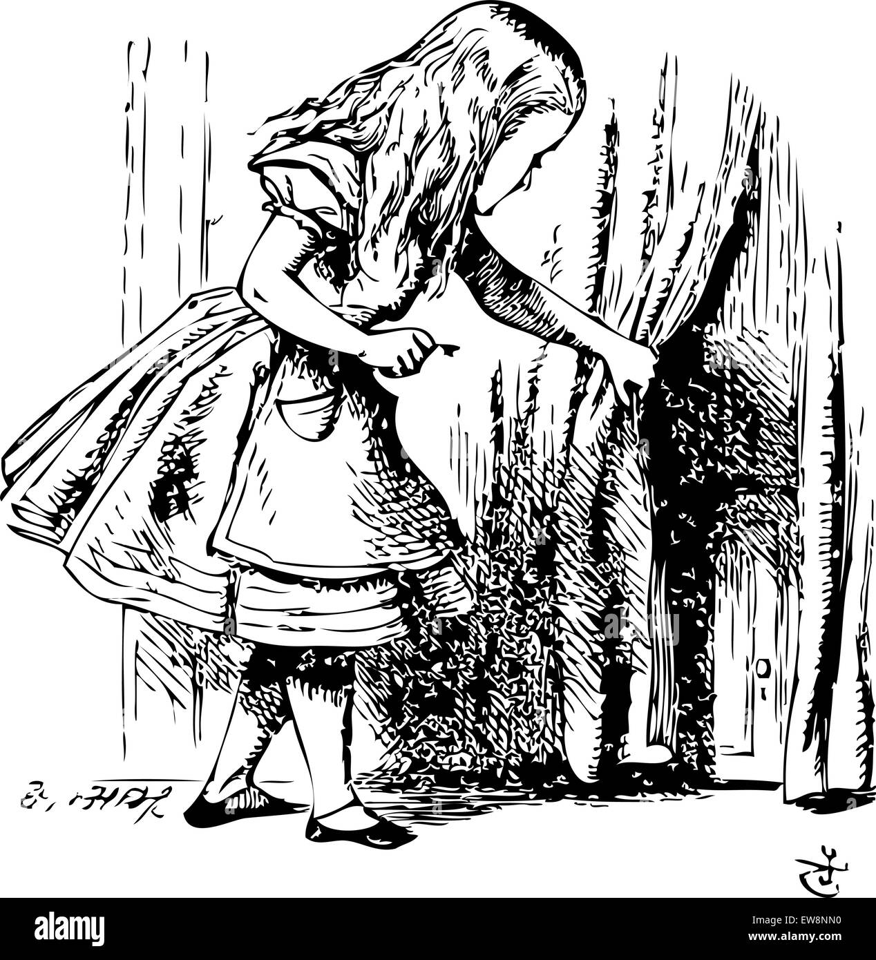 Alice in Wonderland. Alice is looking behind a curtain to reveal a ...