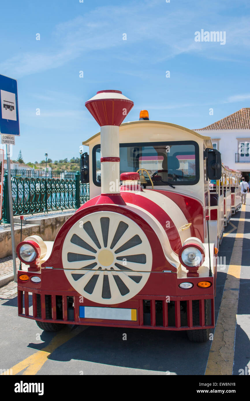 Close up view of a tourist train type car transportation in Tavira city ...