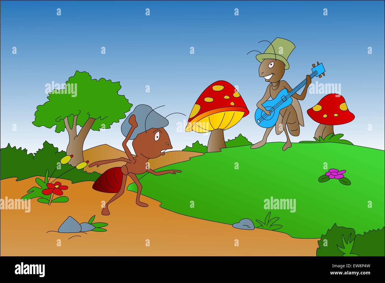 The Ant and the Grasshopper fable, vector illustration Stock Vector ...