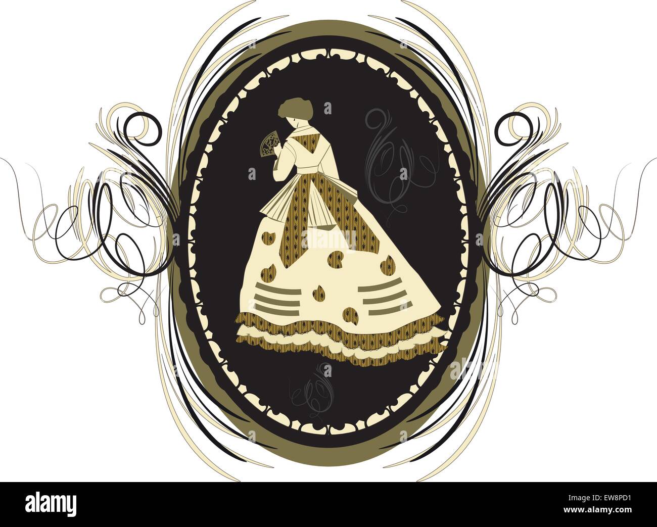 Ornate elegant retro abstract design, woman in old fashioned dress on ...