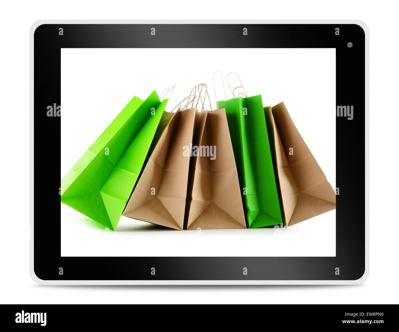 Paper shopping bags on computer tablet screen. Shopping online. E ...