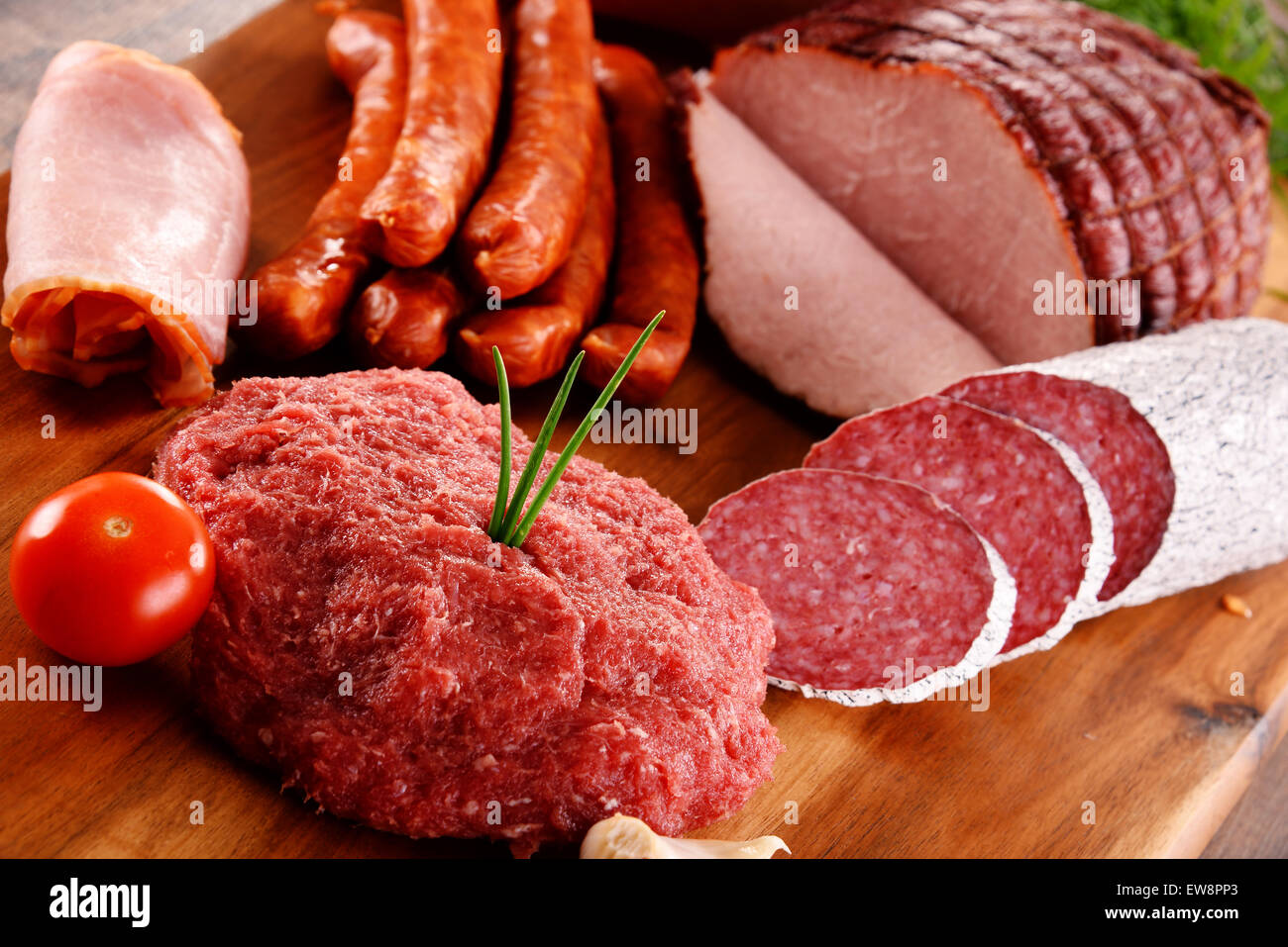 Assorted meat products including ham and sausages Stock Photo - Alamy
