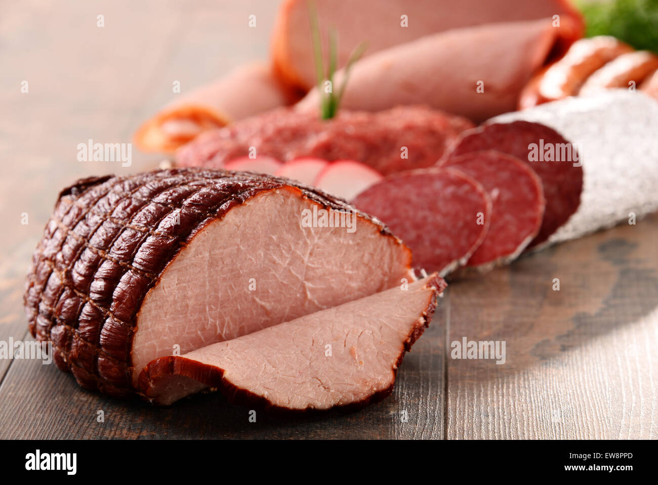 Assorted meat products including ham and sausages Stock Photo - Alamy