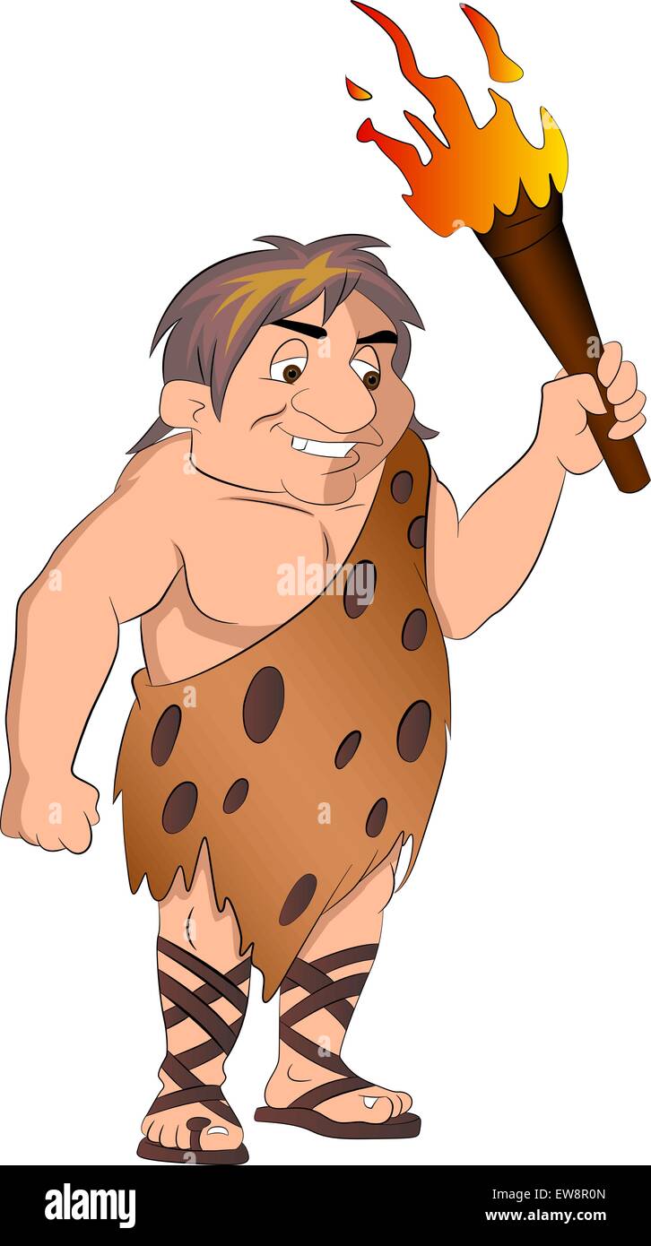 Primitive Caveman Holding a torch on fire, vector illustration Stock ...
