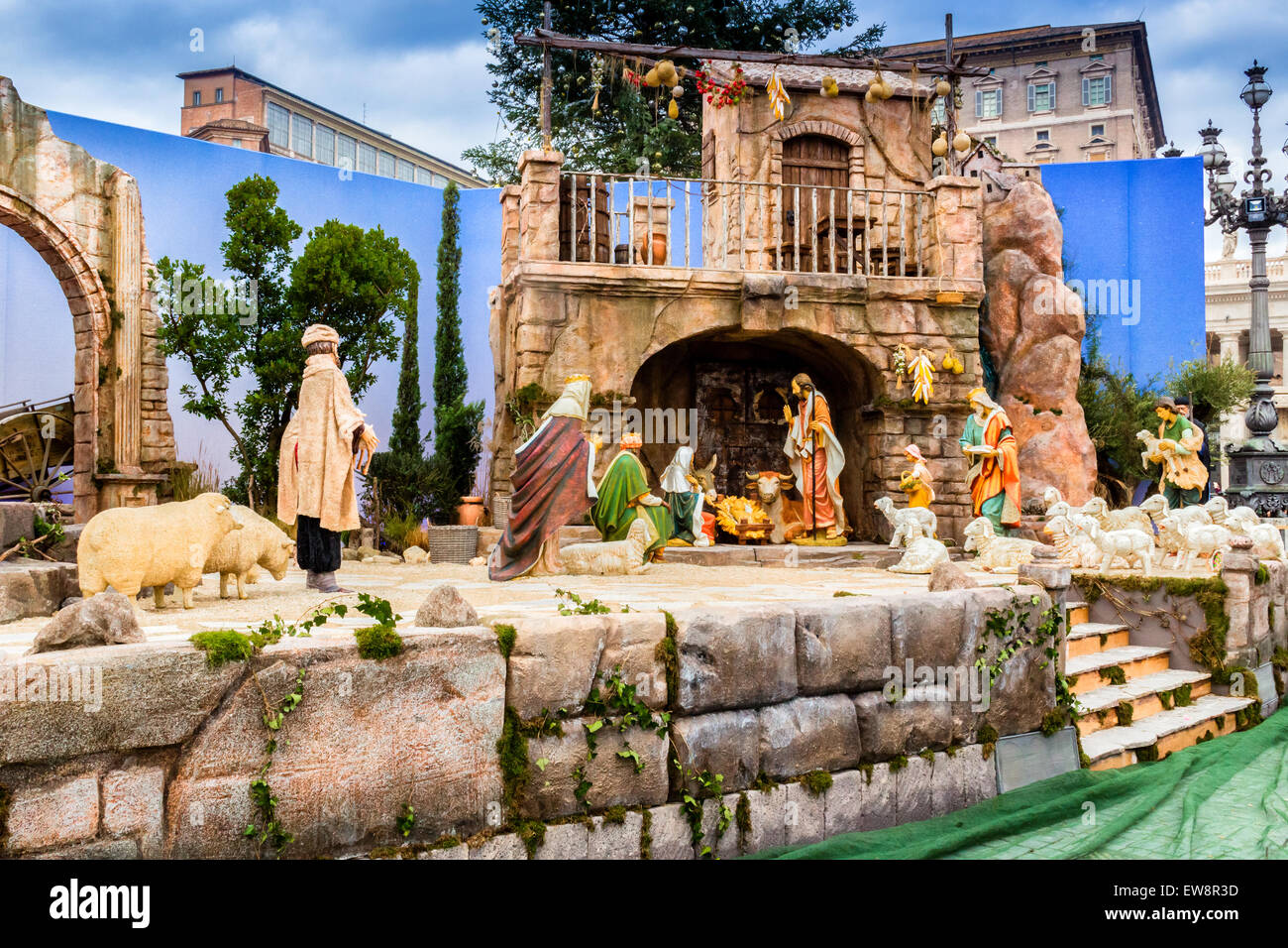 Nativity scene: a crib in Italy. Magi are bringings gift to Holy Family ...