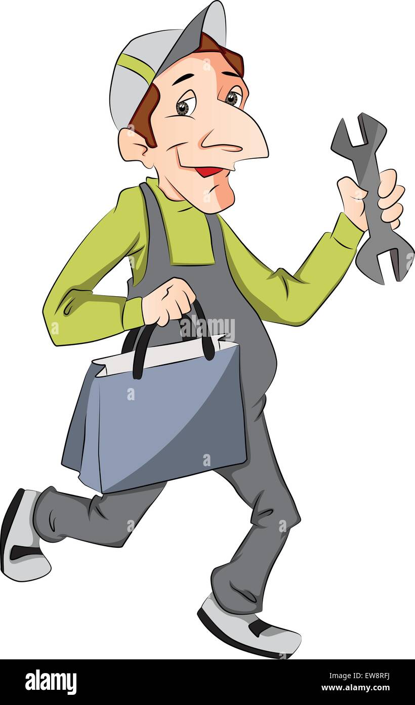 Vector illustration of a repairman with toolbox and wrench, isolated on ...