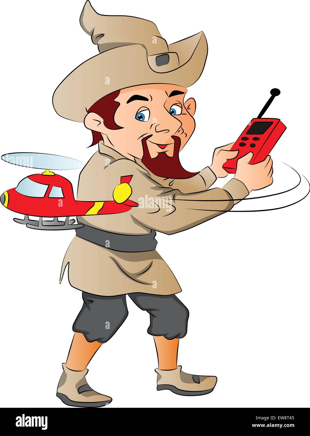 Vector illustration of a curious elf playing with remote controlled toy ...