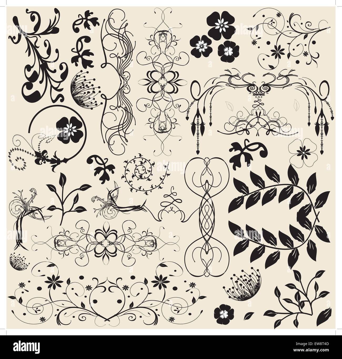Vintage elements with ornate elegant retro floral design, black on gray ...