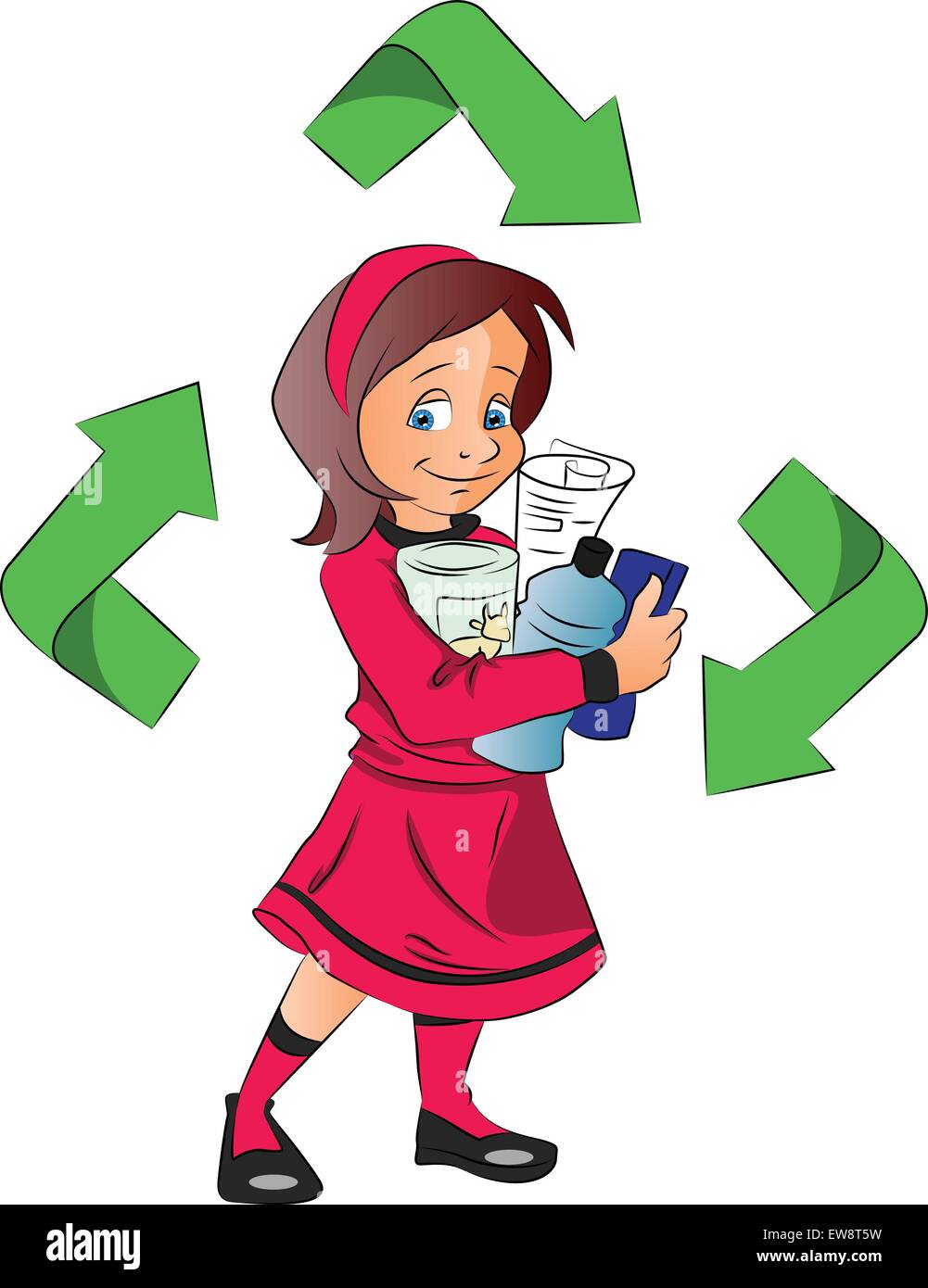 Vector illustration of a girl holding plastic bottles for recycling ...