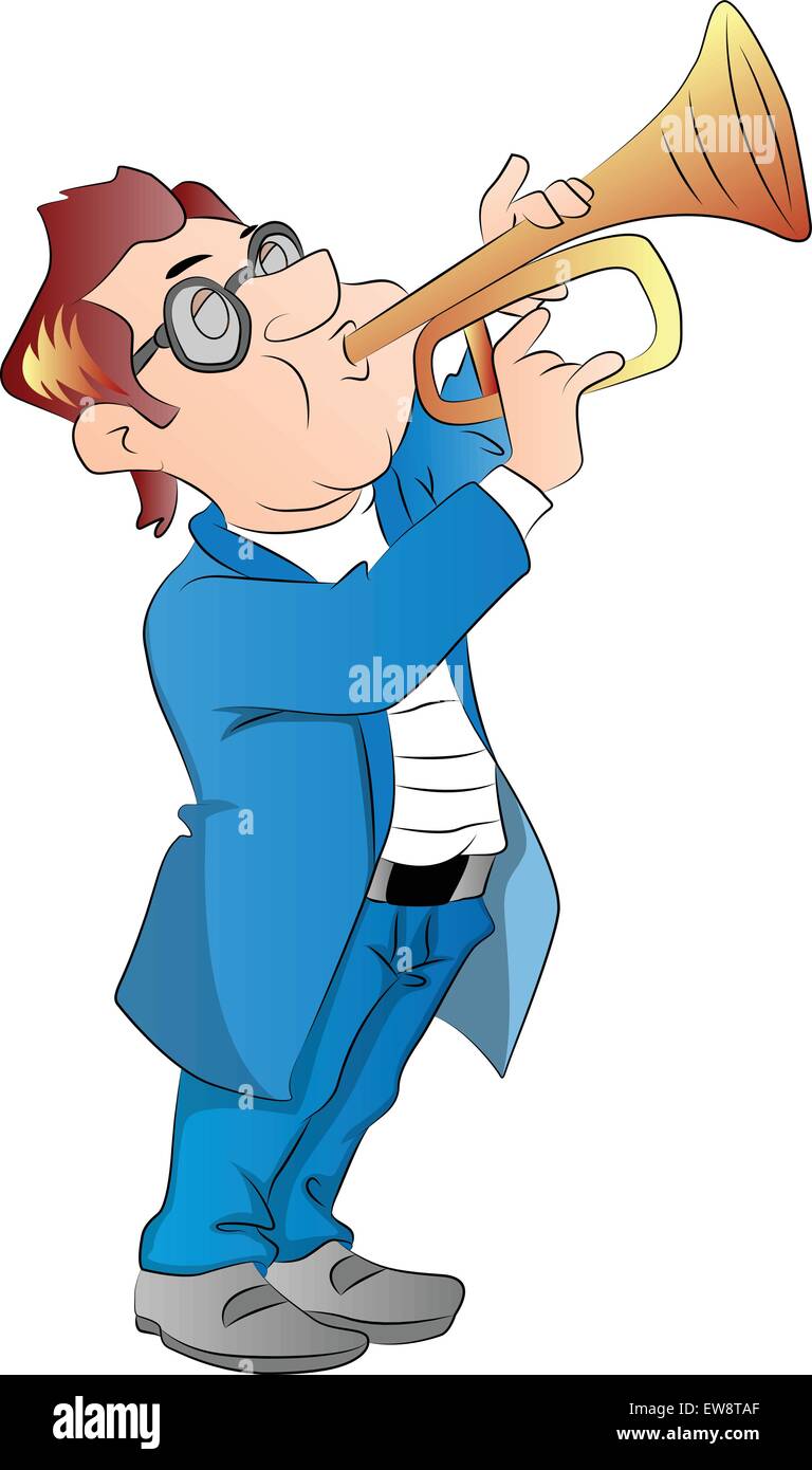 Vector illustration of a man blowing trumpet, isolated on white ...