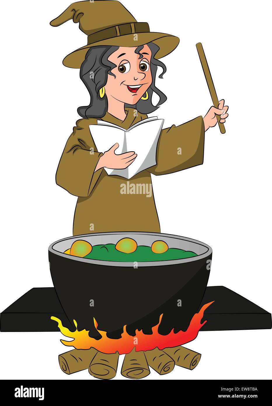Vector illustration of a witch pronouncing a magic formula, cauldron in ...