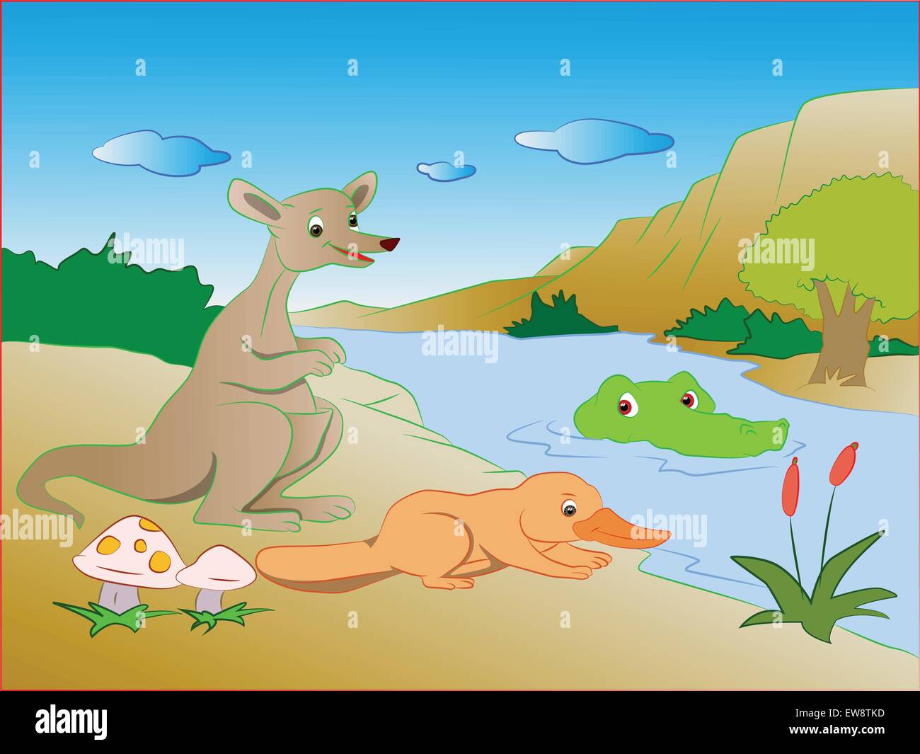Vector illustration of crocodile sneaking on kangaroo and platypus on ...