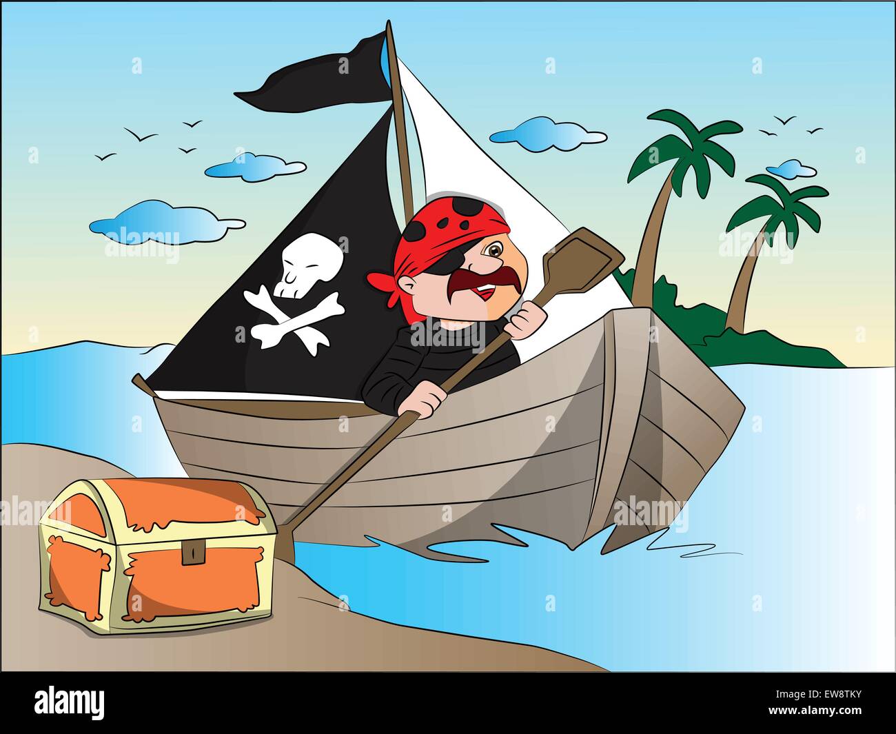 Vector illustration of pirate's boat and treasure chest at riverbank ...
