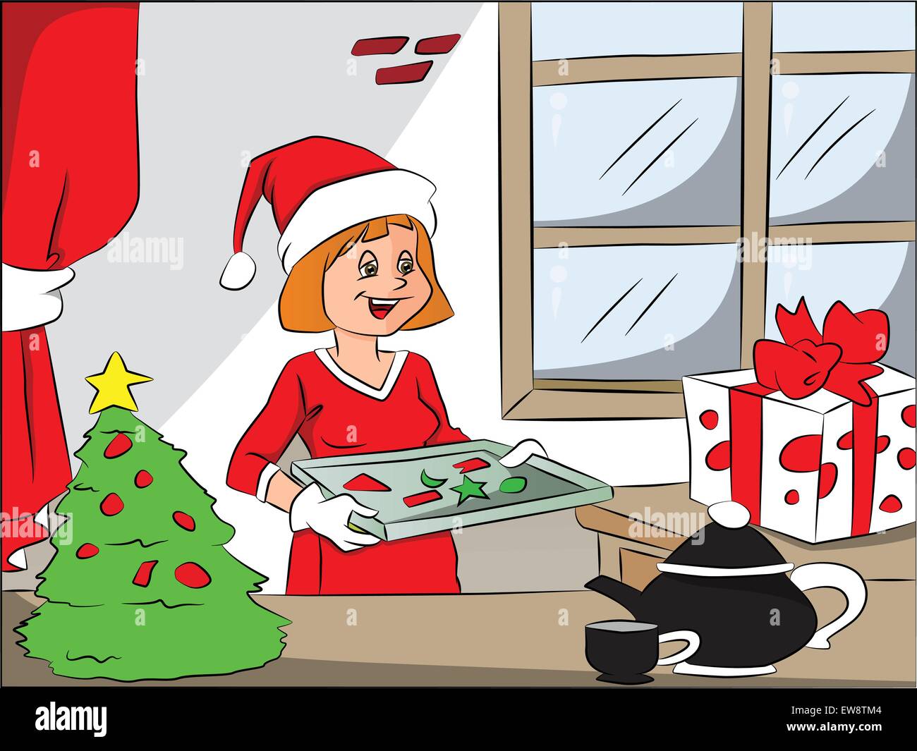 Vector illustration of happy woman with christmas cookies on tray, tea ...