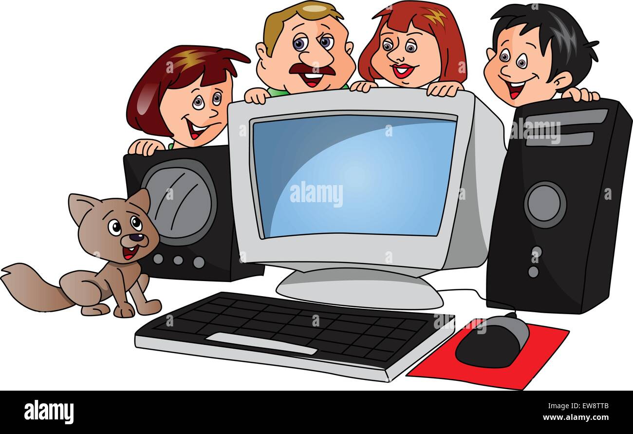 Vector of happy family and pet dog with a newly purchased computer ...