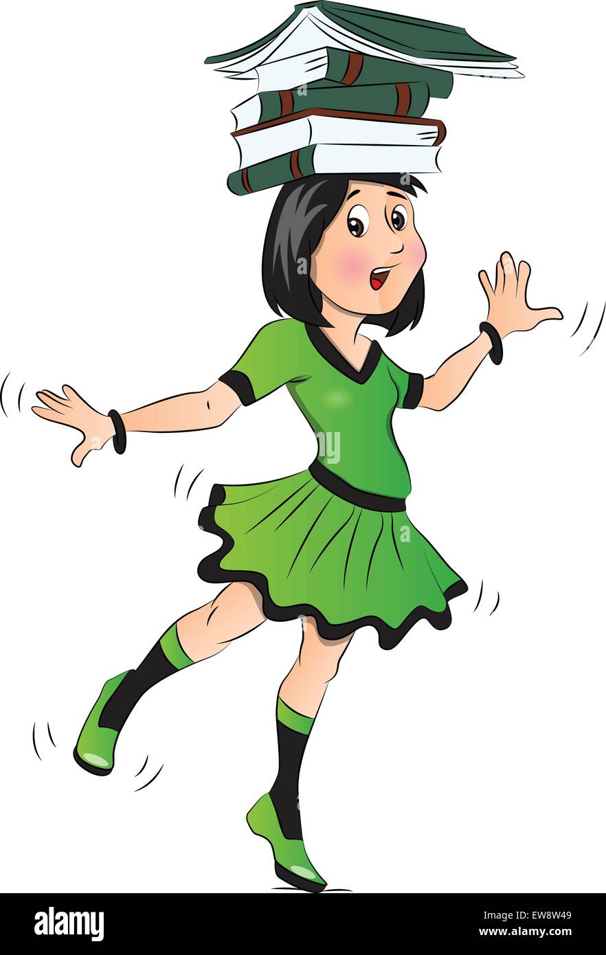 Vector illustration of girl balancing stack of books on her head Stock ...