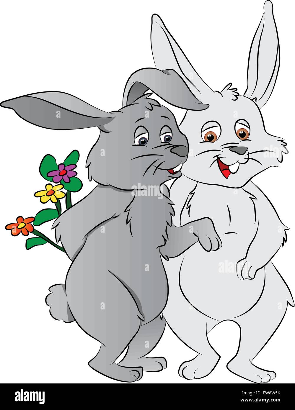 Vector of two happy and curious rabbits holding flowers behind back ...