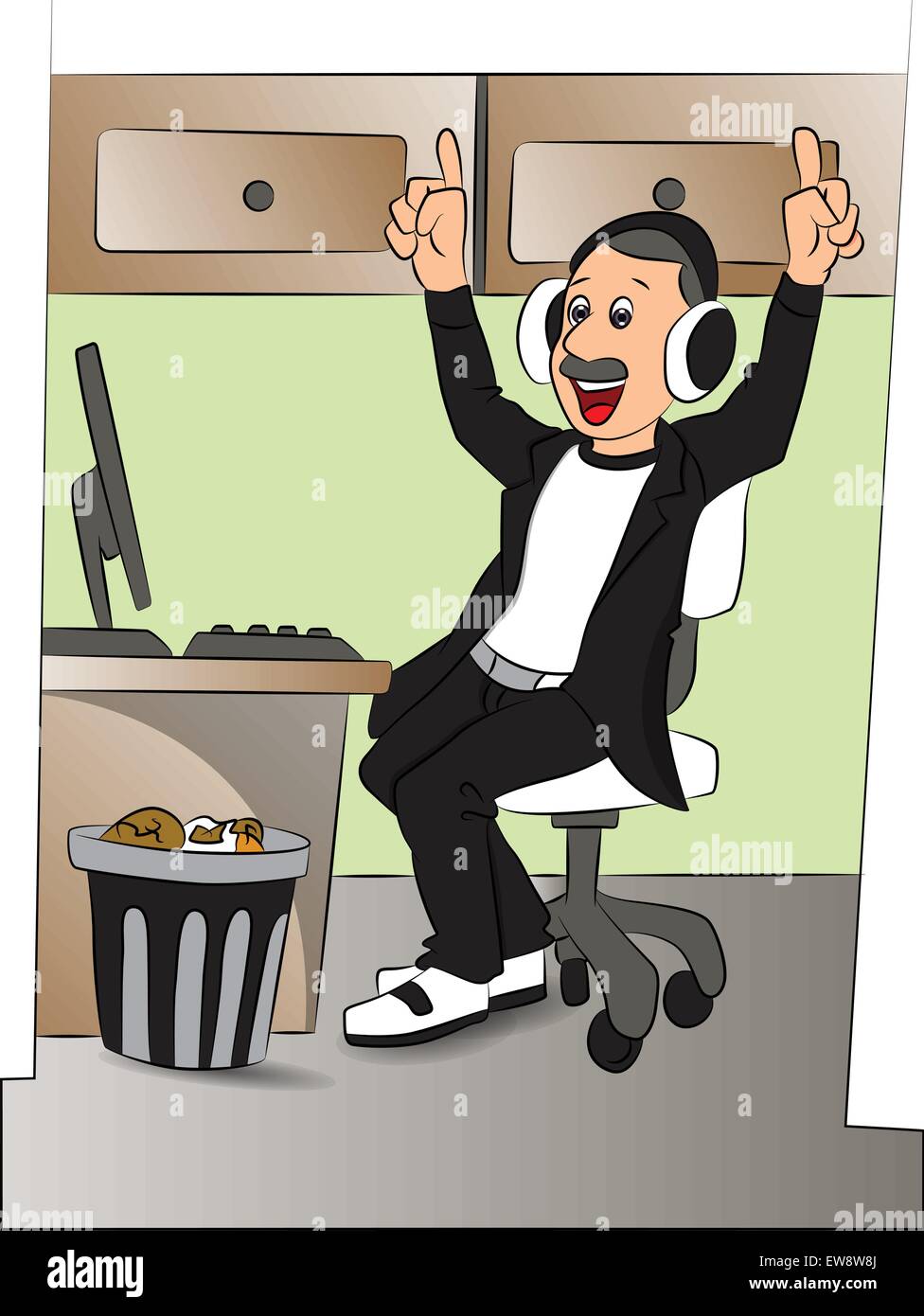 Vector illustration of happy man listening to music on headphones in ...