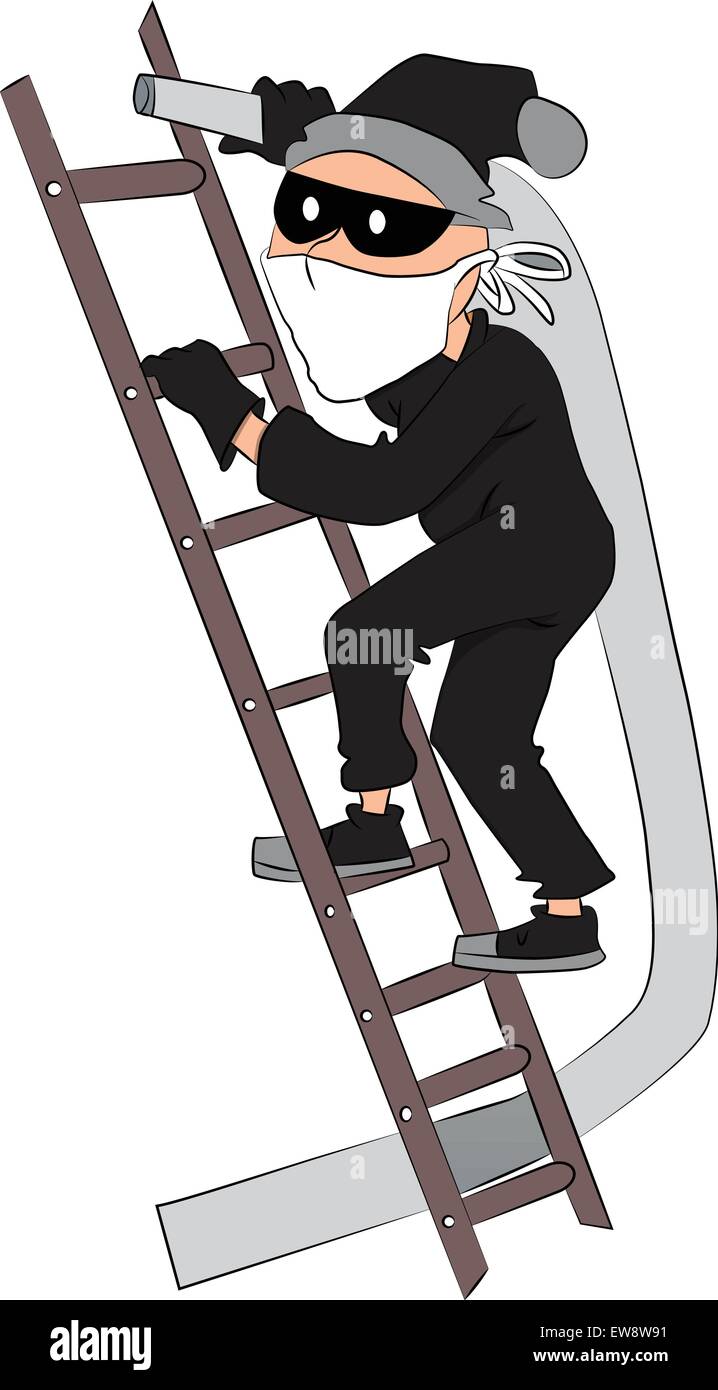Vector illustration of burglar climbing ladder with pipe in hand Stock ...