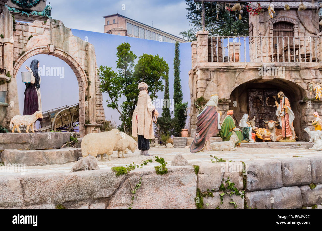 Nativity scene: a crib in Italy. Magi are bringings gift to Holy Family ...
