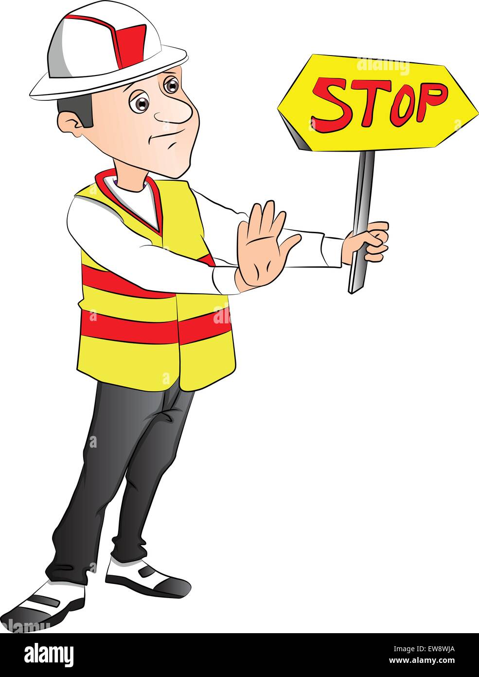 Vector of construction worker gesturing and showing stop sign at site ...